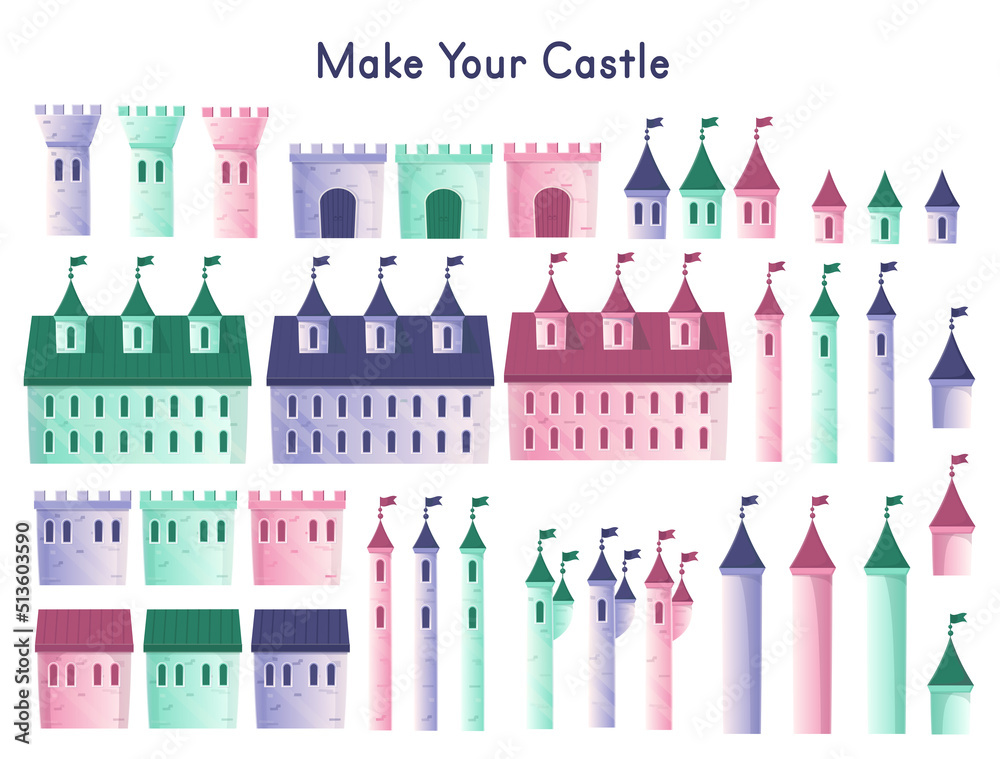 Make your castles. Set of children's fairytale castles elements on a ...