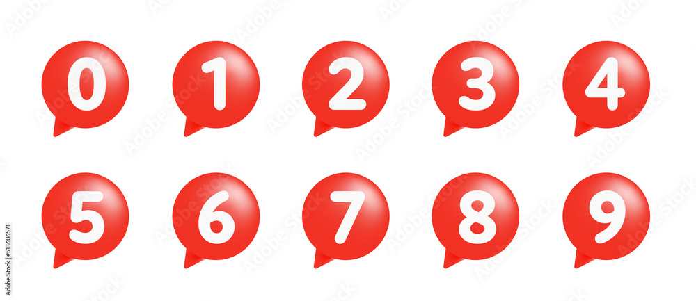Numbers from 0 to 9 on red speech bubbles. Numbers 0-9. Vector. Stock ...