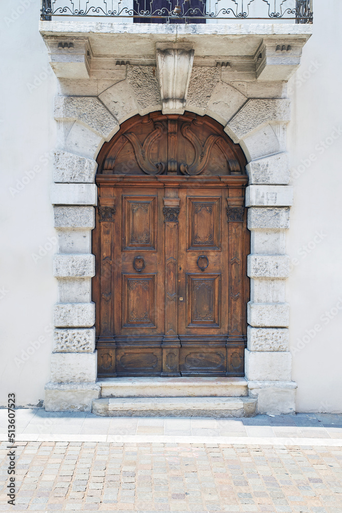 Italian retro wood style front door, the main entrance. Element of the ...