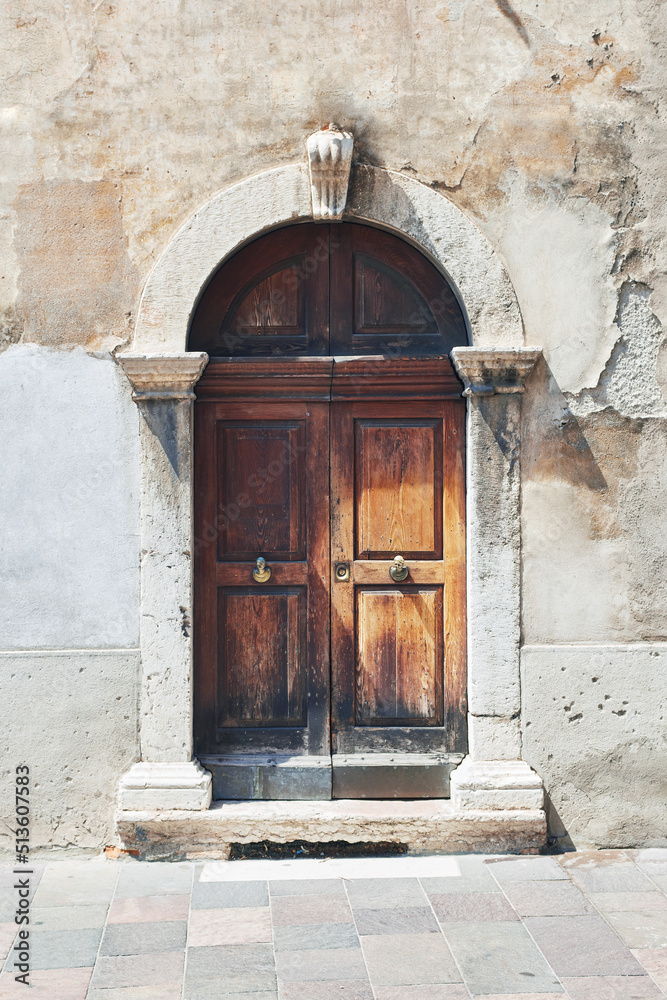 Italian retro wood style front door, the main entrance. Element of the ...