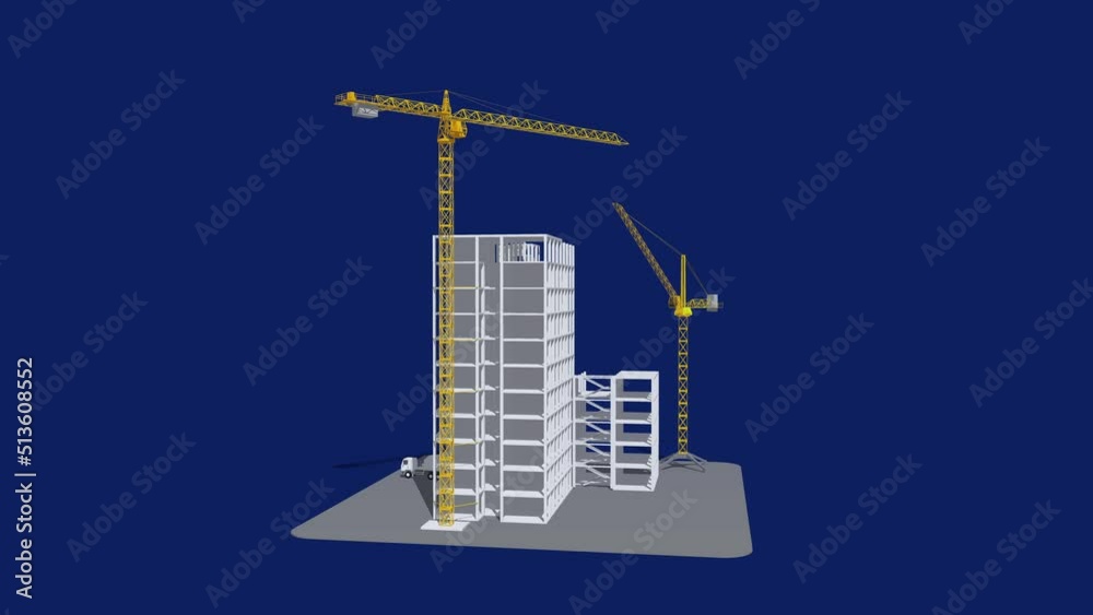 Construction cranes in the industrial area are on a blue background. 3D ...