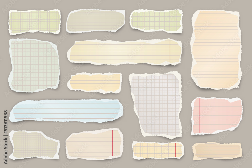 Ripped colorful paper strips. Realistic crumpled paper scraps with torn ...