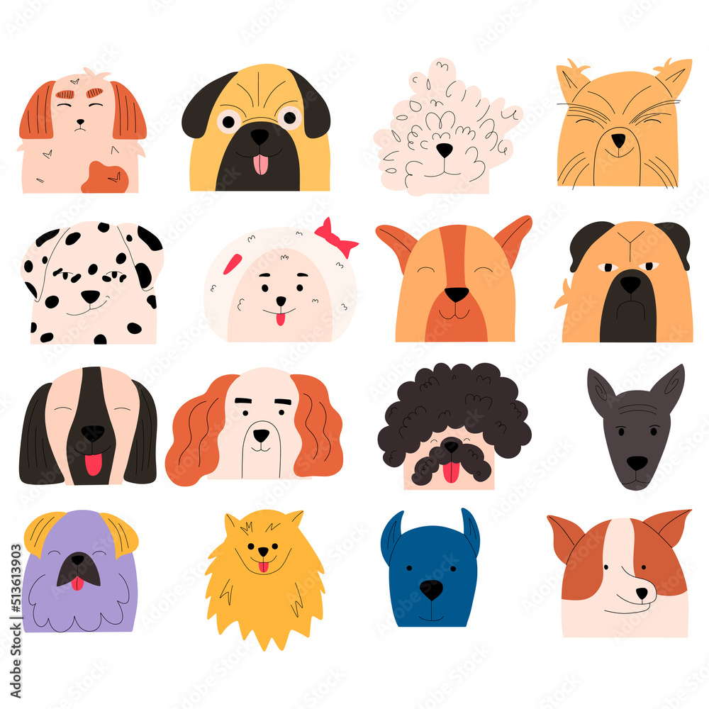 Set of portraits of emotional dogs of different breeds. Collection of ...