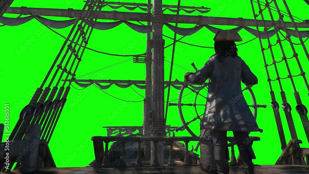 the pirate captain holds the ship's steering wheel and sails across the ...