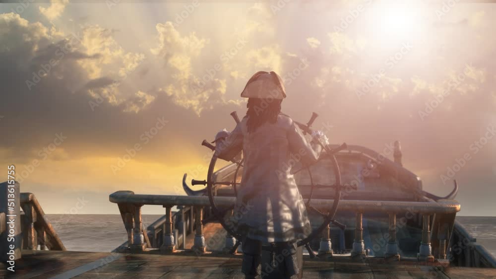 Video „the pirate captain holds the ship's steering wheel and sails ...