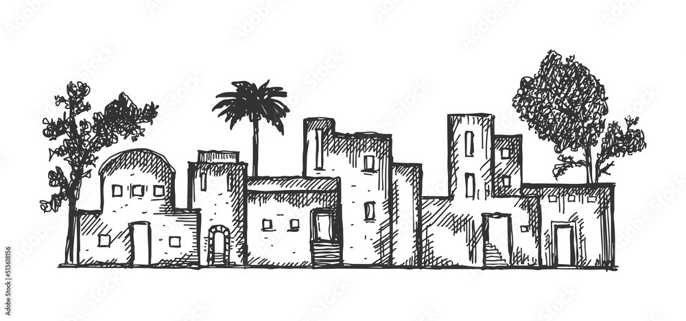An ancient eastern city drawn by hand. The village of Bethlehem ...