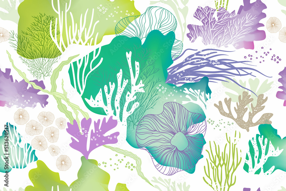 Сontemporary seamless pattern with shells, algae and corals. Hand-drawn ...