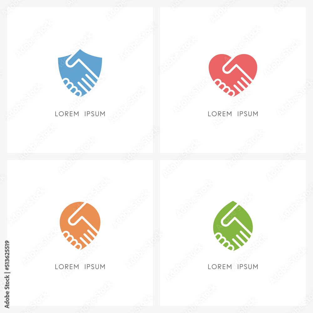 Handshake logo set. Shield, heart, place and leaf symbols - partnership ...