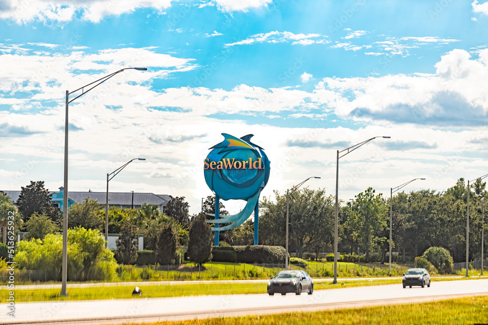 Orlando, USA - October 19, 2021: Billboard road highway sign for ...