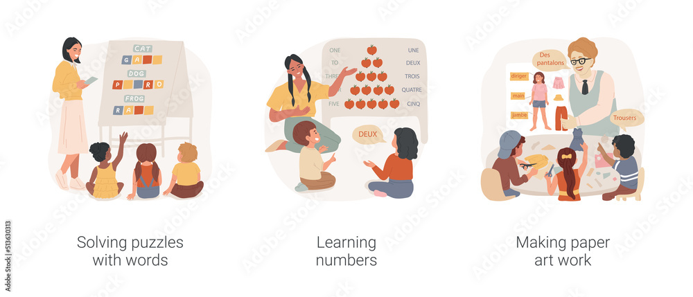 Play and study foreign language isolated cartoon vector illustration ...