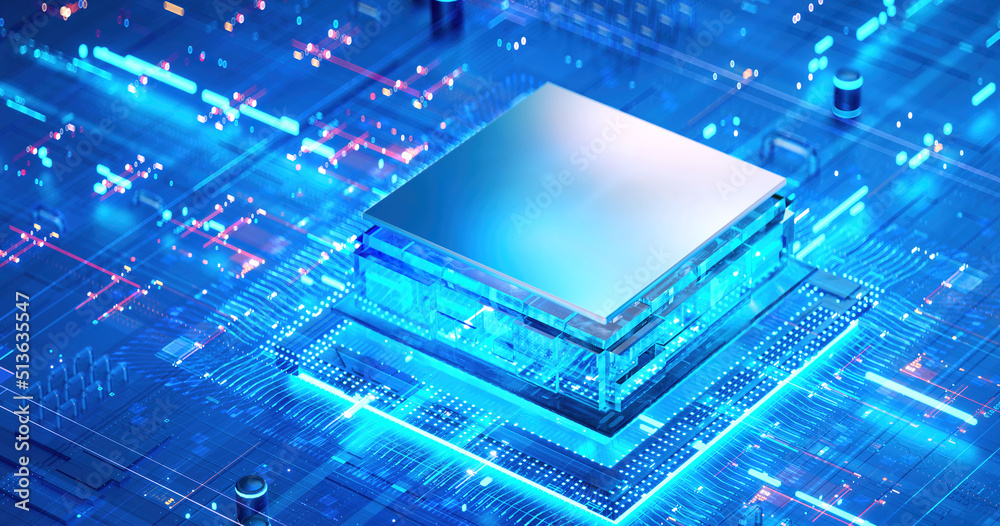 3D rendering of cyberpunk AI. Circuit board. Technology background ...