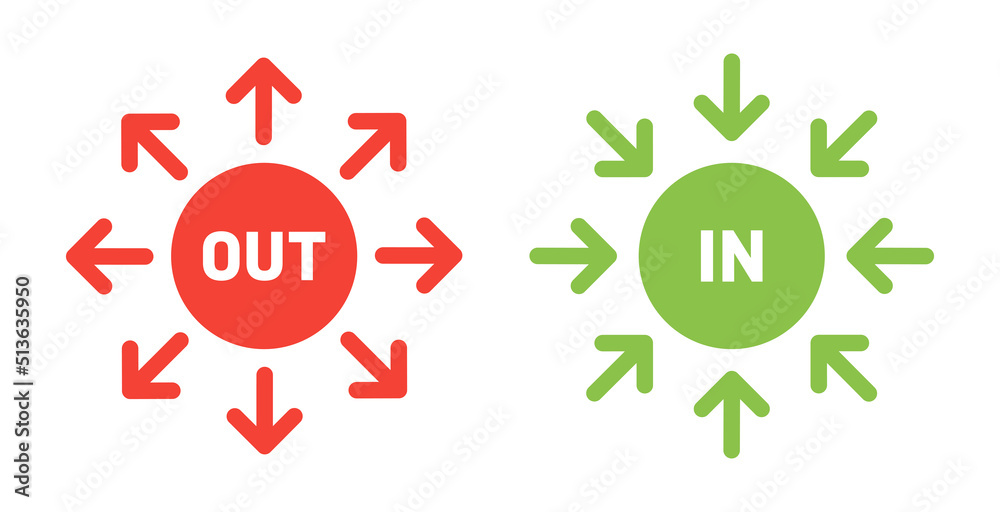 Outside and inside circle and arrow vector symbol illustration. Red OUT ...