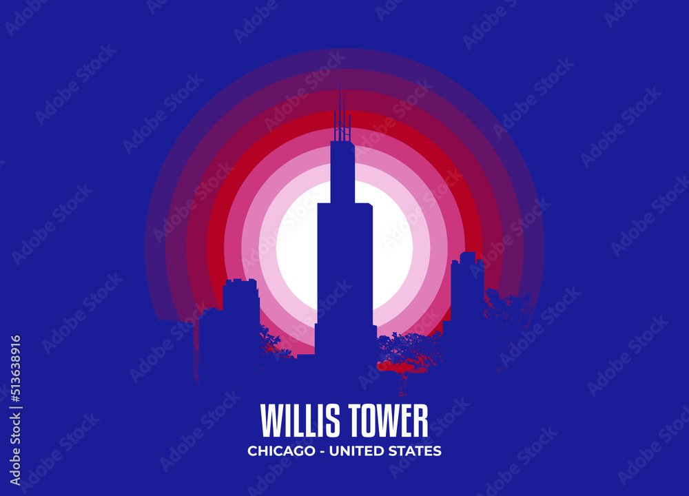 Willis Tower illustration. Moonlight symbol of famous statue and ...