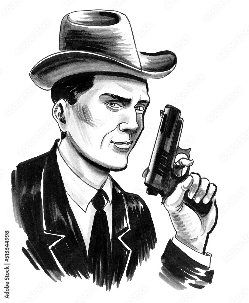 Naklejka Gangster with a gun. Ink black and white drawing - pistolet ...