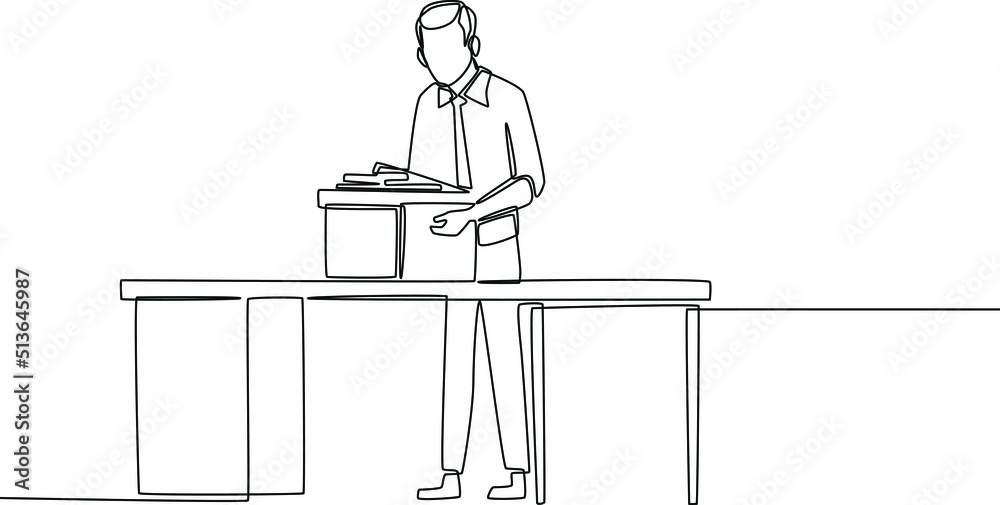 Continuous one line drawing Employee holding personal belongings in ...