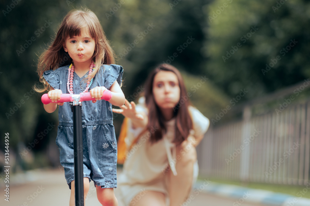 Stressed Overprotective Mom Stopping her Kid on a Scooter. Mother ...