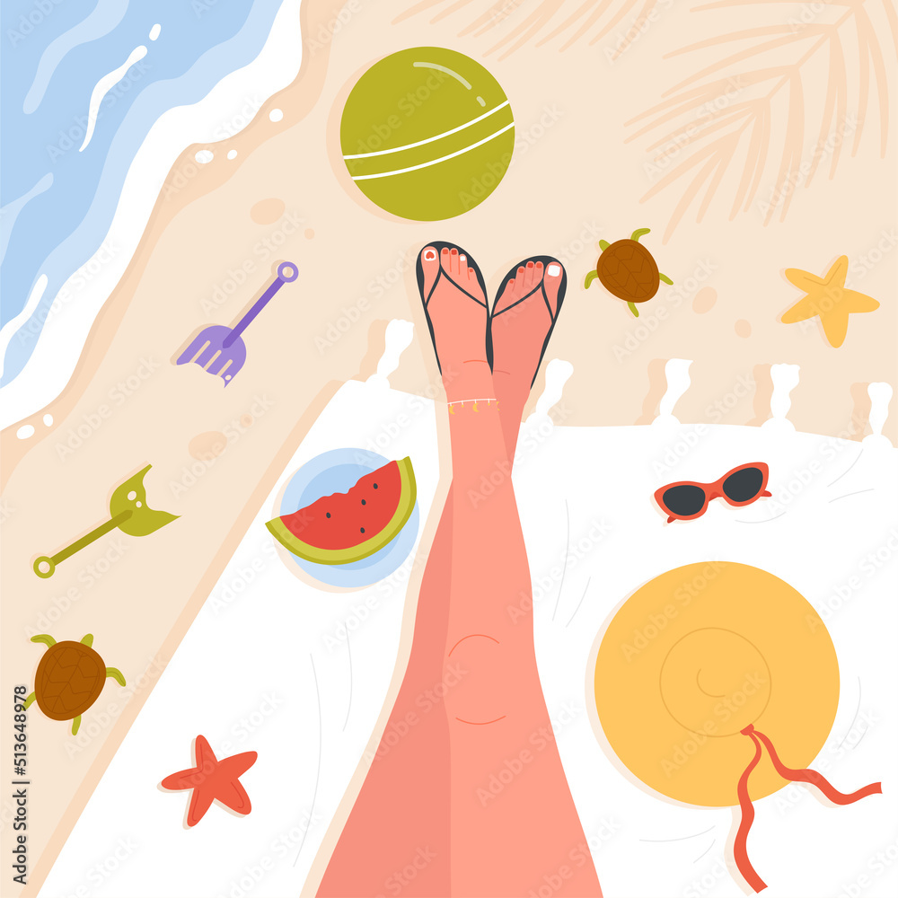 Legs of beautiful girl on tropical sand beach, view from above vector ...