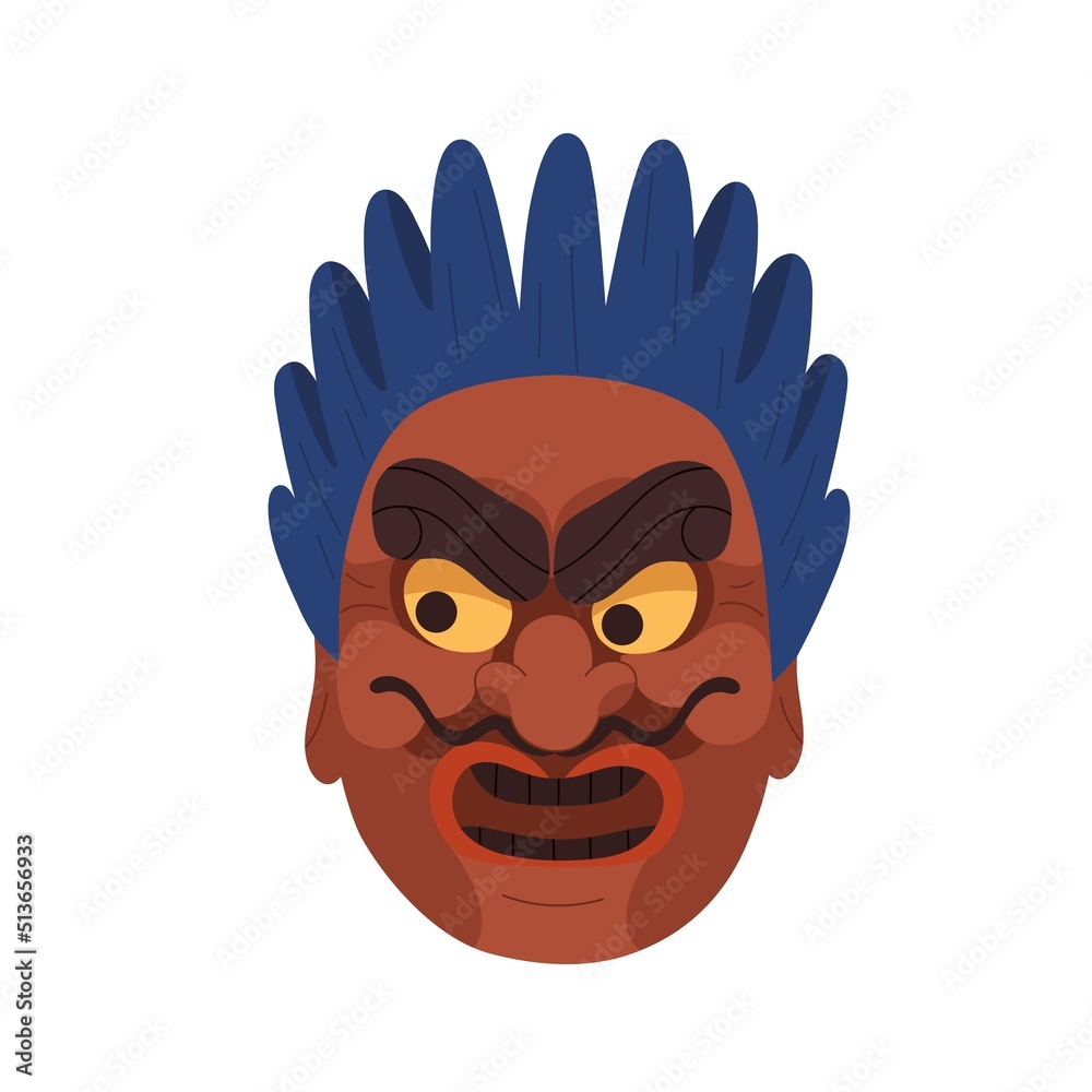 Zaoh, human noh mask of Japanese Kabuki theater. Angry man face with ...
