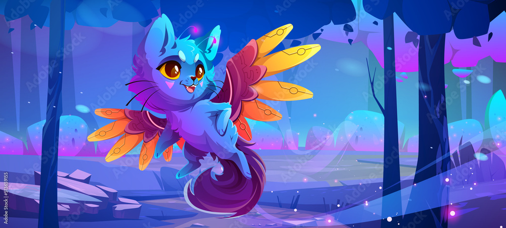 Cute monster cat on magical forest or fantasy planet landscape. Cartoon ...