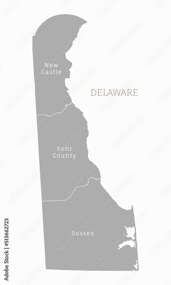 Highly detailed gray map of Delaware, US state. Administrative ...