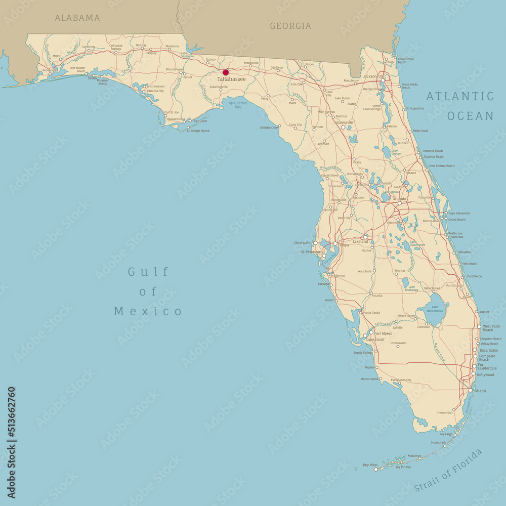 Road map of Florida, US American federal state. Editable highly ...