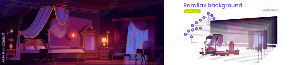 Vetor de Parallax background luxury bedroom at night 2d interior. Dark ...