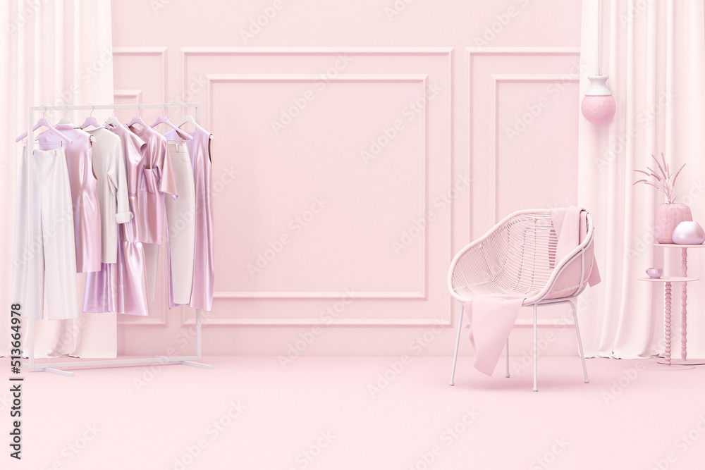 Clothes hanging on a rack, lamp and armchair on pink background ...