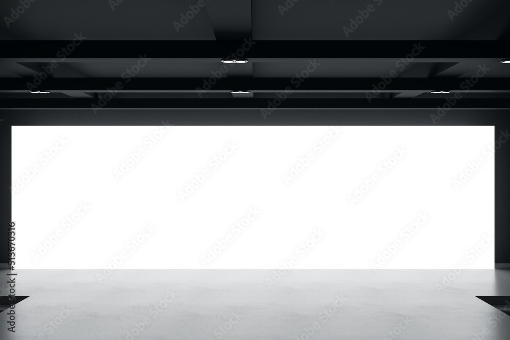 Front view on big blank white screen wall with place for your text or ...
