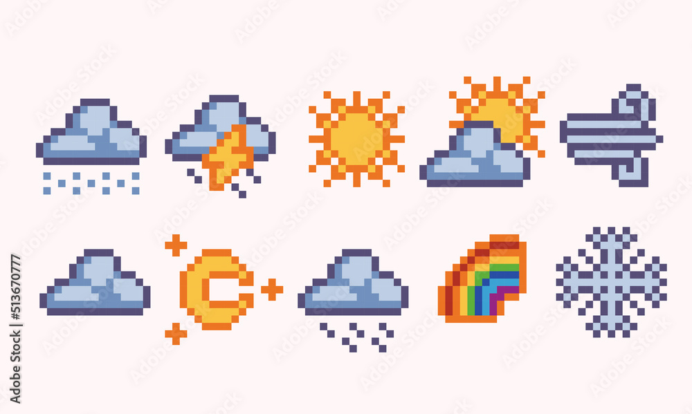 Weather icons pixel art set. Weather conditions, forecast collection. 8 ...