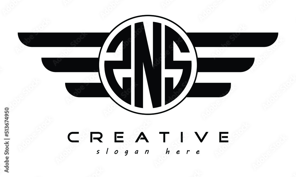 ZNS three letter circle with wings logo design vector template ...