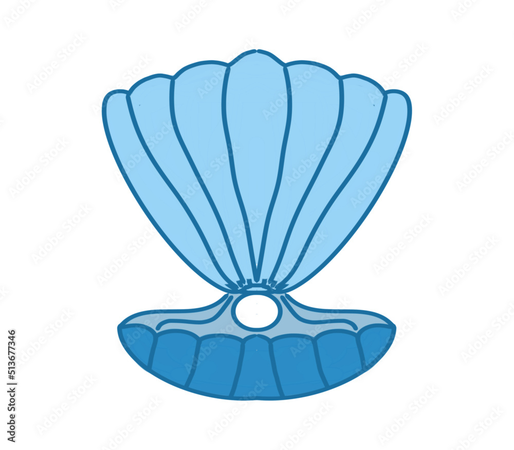 Shell, open shell of a clam with pearls, color illustration on a ...