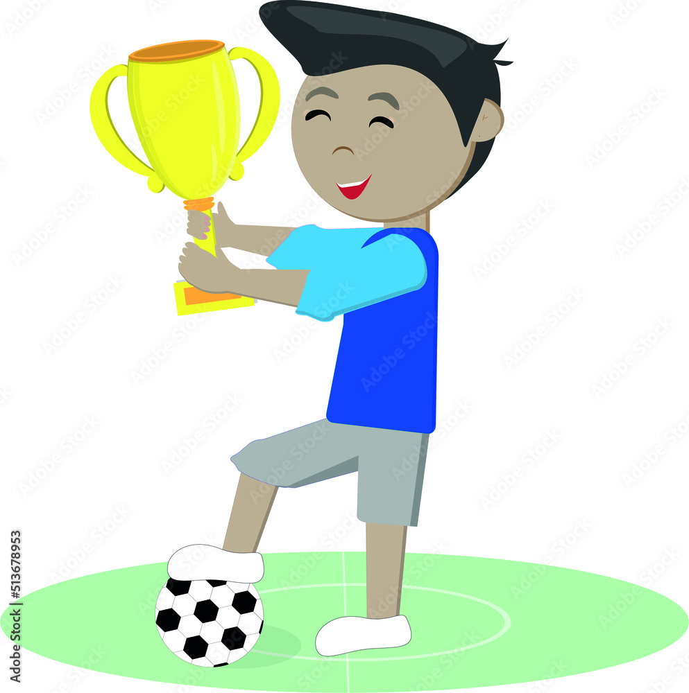 vector illustration cartoon boy soccer player with champion cup in hand ...