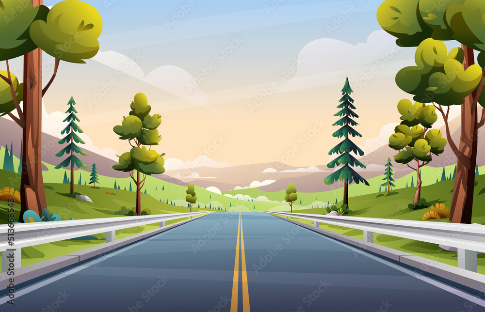 Straight road with railings through meadow and trees landscape ...