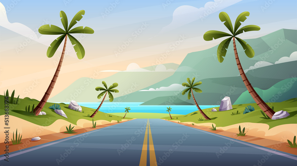 Beach road landscape illustration. Straight highway through palm trees ...