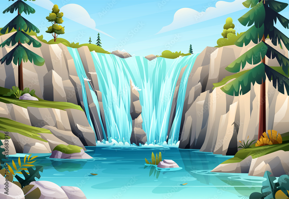 Beautiful waterfall scenery in forest landscape vector illustration ...