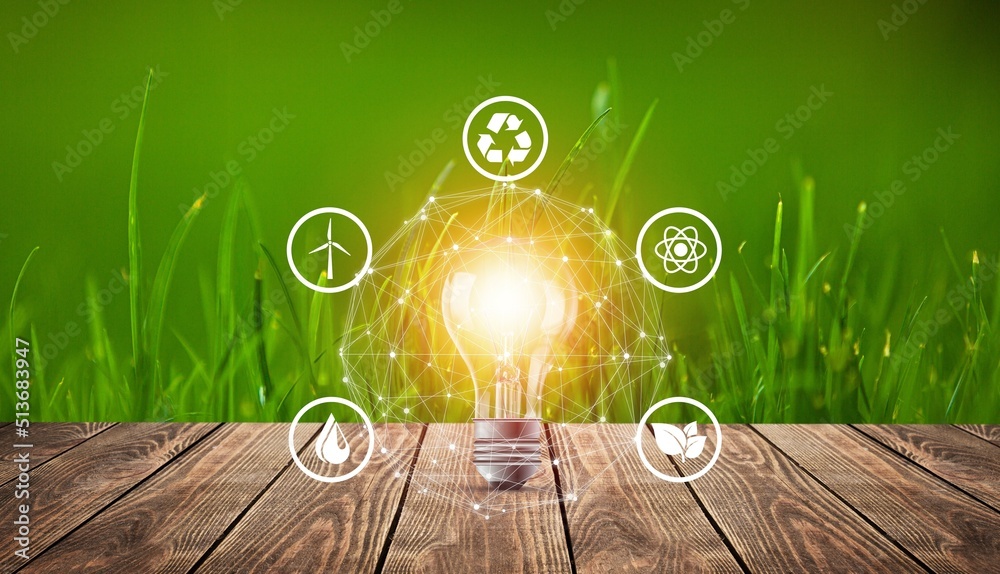Green forest with moss and grass with lightbulb. Symbols of sustainable ...