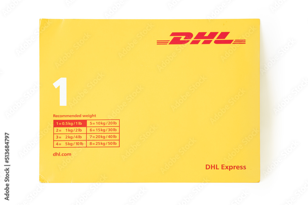 03 June 2022, Antalya, Turkey: DHL express delivery postal envelope on ...