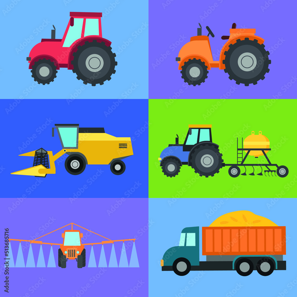Types of agricultural machinery. Large tractor, small tractor ...