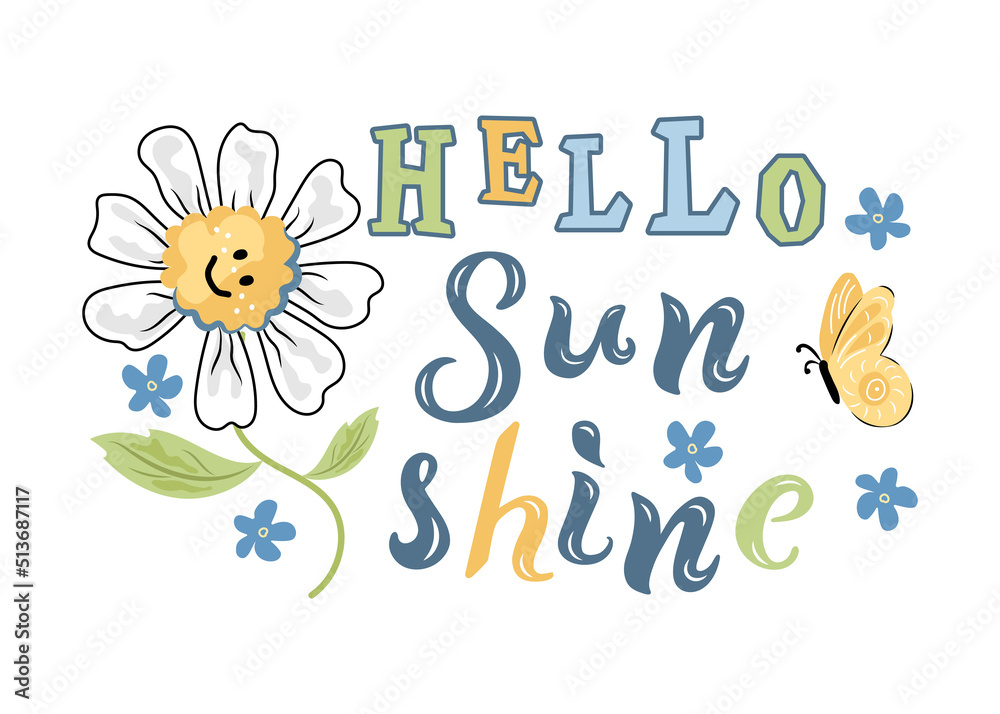 Hello Sunshine original handwritten lettering with smiling daisy flower ...