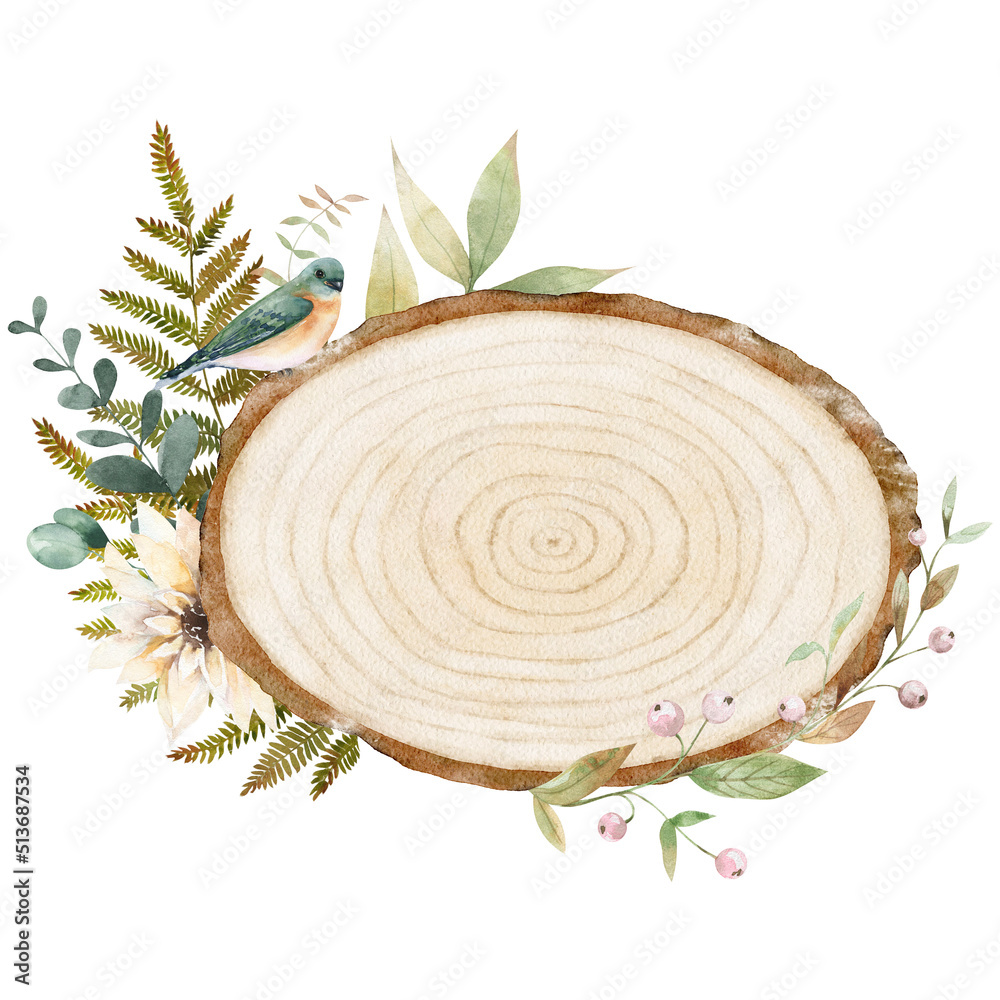 Wood slice with forest floral composition. Watercolor illustration ...