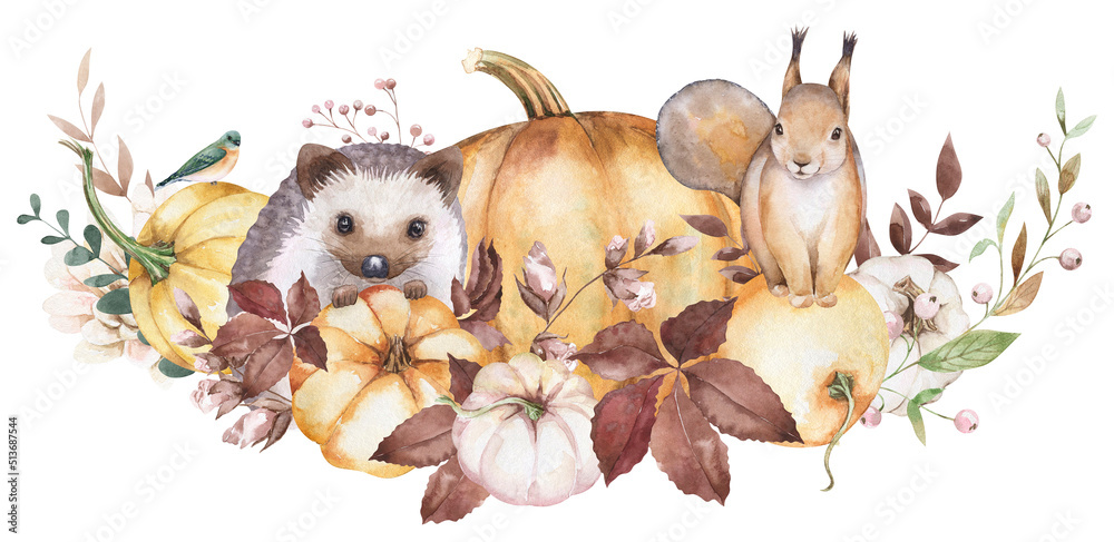 Woodland animals and fall floral composition. Cute autumn hand-painted ...