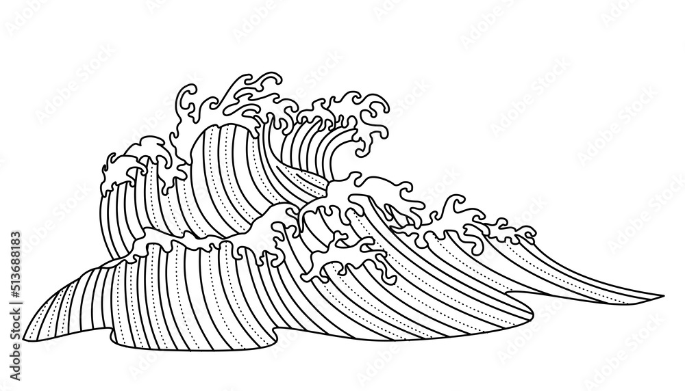 Japanese sea background with waves. Tsunami wave. Texture vector. Black ...