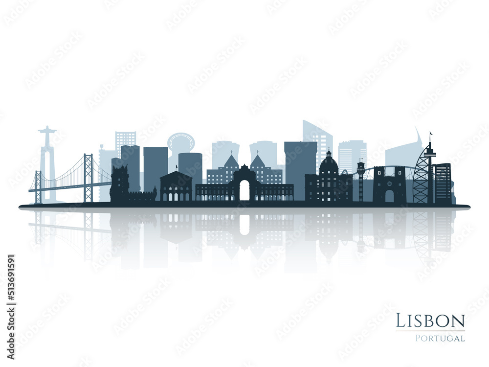 Vetor de Lisbon skyline silhouette with reflection. Landscape Lisbon ...