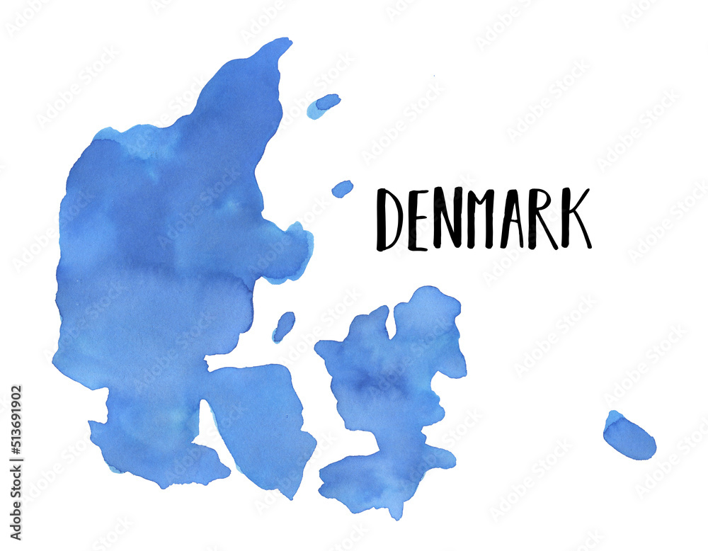 Denmark Map Silhouette in sky blue color with artistic watercolour ...