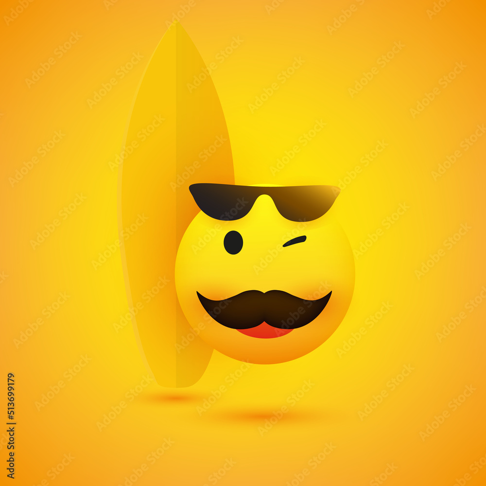 Simple Happy Cheerful Winking Male Surfer Emoticon with Mustache ...