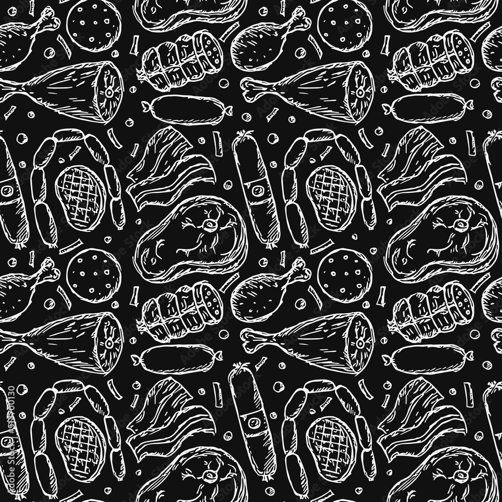 Seamless meat pattern. Black and white meat background. Doodle vector ...