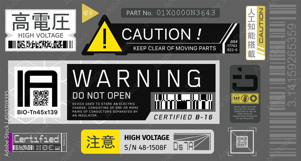 Set of vector stickers and labels in futuristic style. Inscriptions and ...