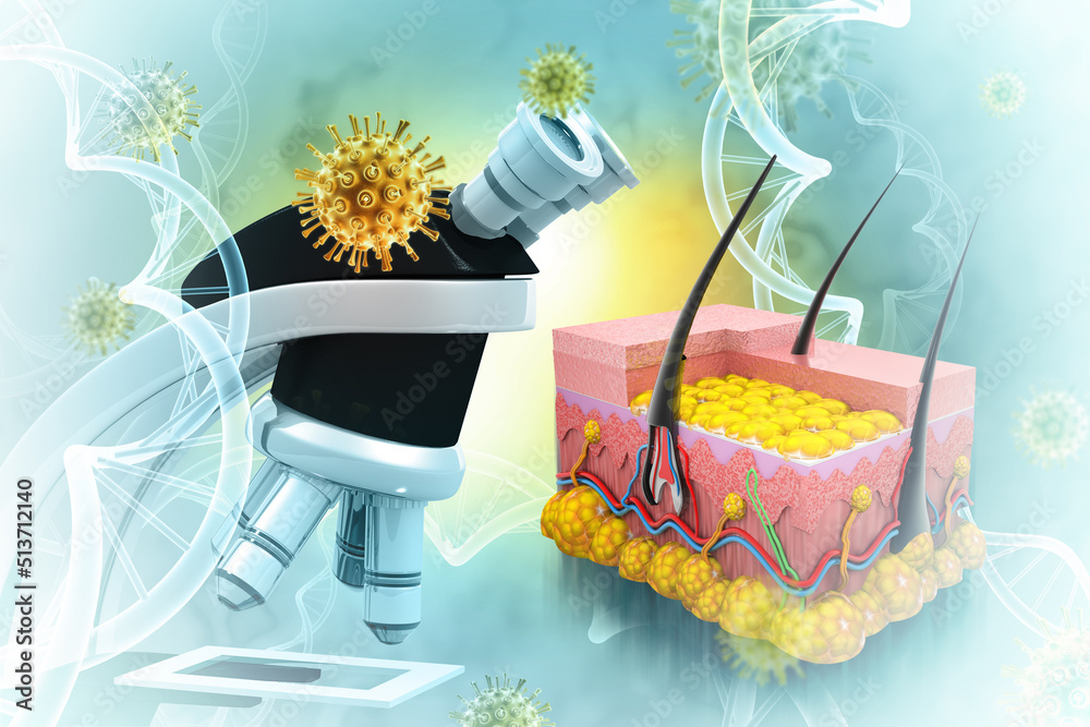 Viral skin infections on microscopic medical background. Skin anatomy ...