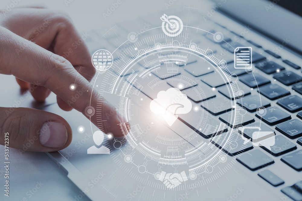 Human hands working on Laptop with cloud computing diagram icons ...