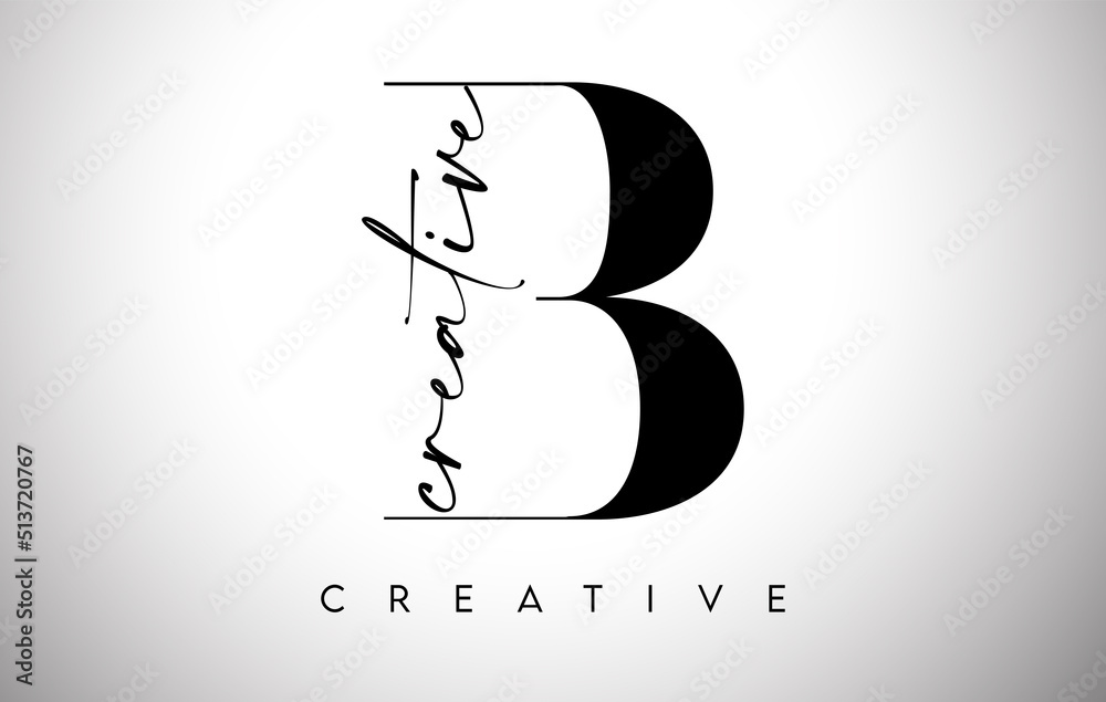 B Letter Design with Creative Cut and Serif Font in Black and White ...